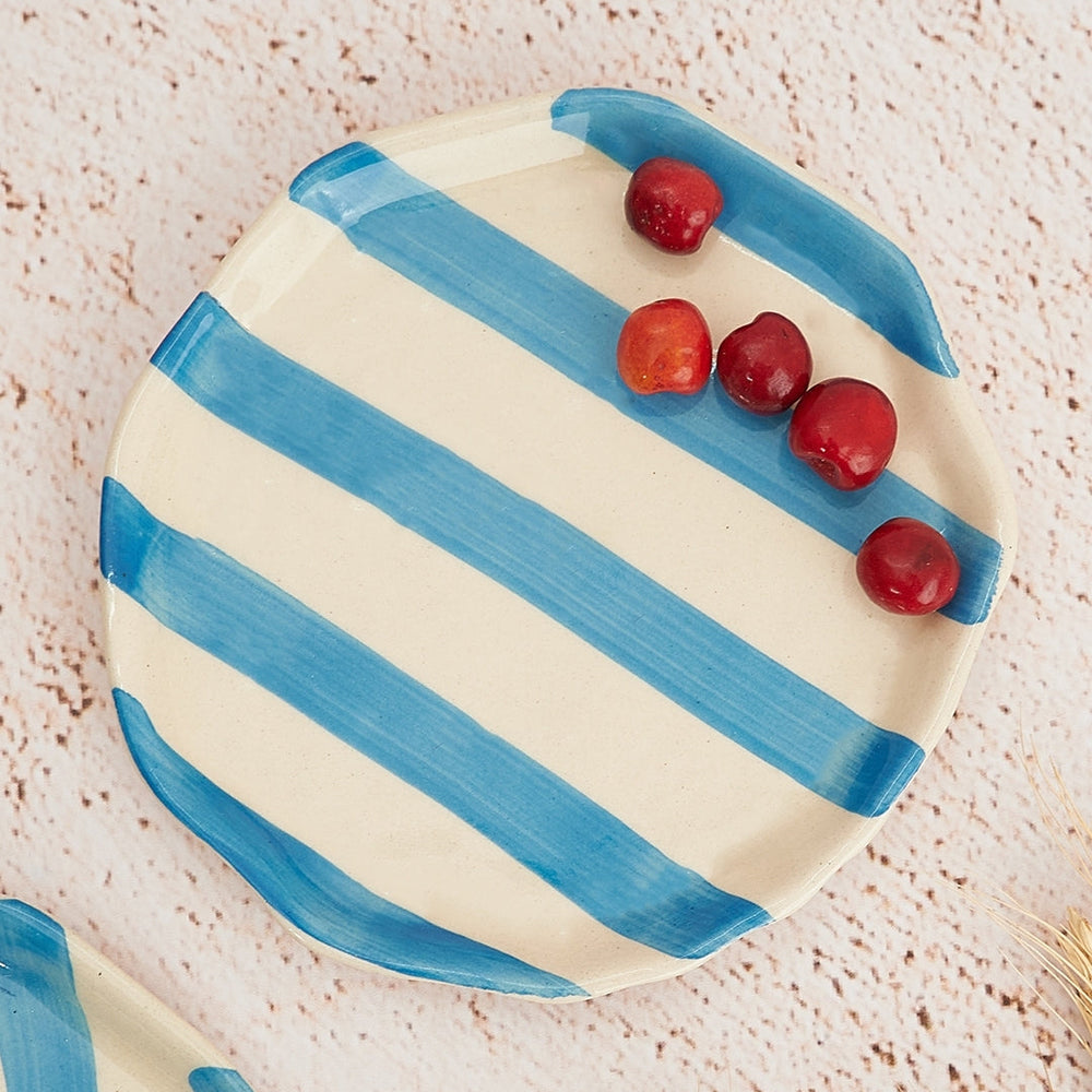 Ceramic Aqua stripe plate, 6.3x6.3 Inches (Set of 4)