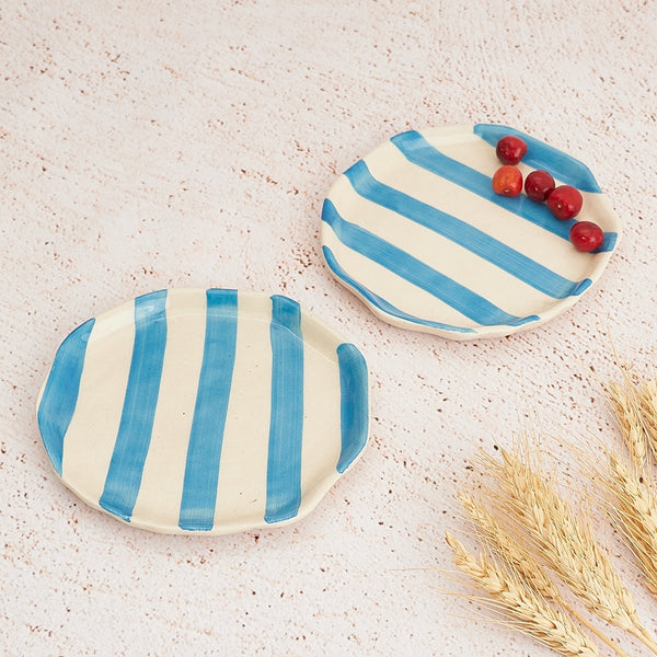 Ceramic Aqua stripe plate, 6.3x6.3 Inches (Set of 6)