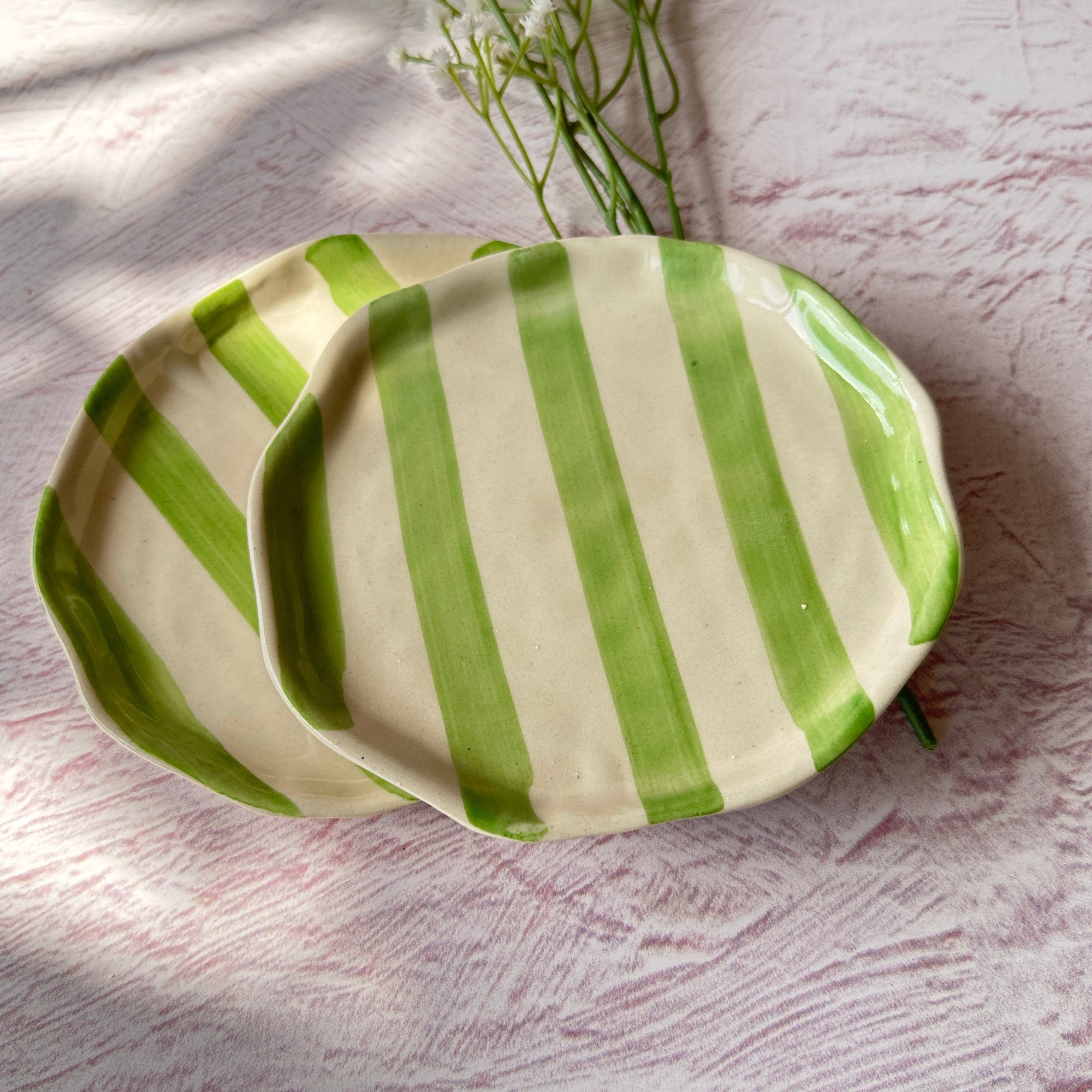 Ceramic Green stripe plate, 6.3x6.3 Inches (Set of 4)