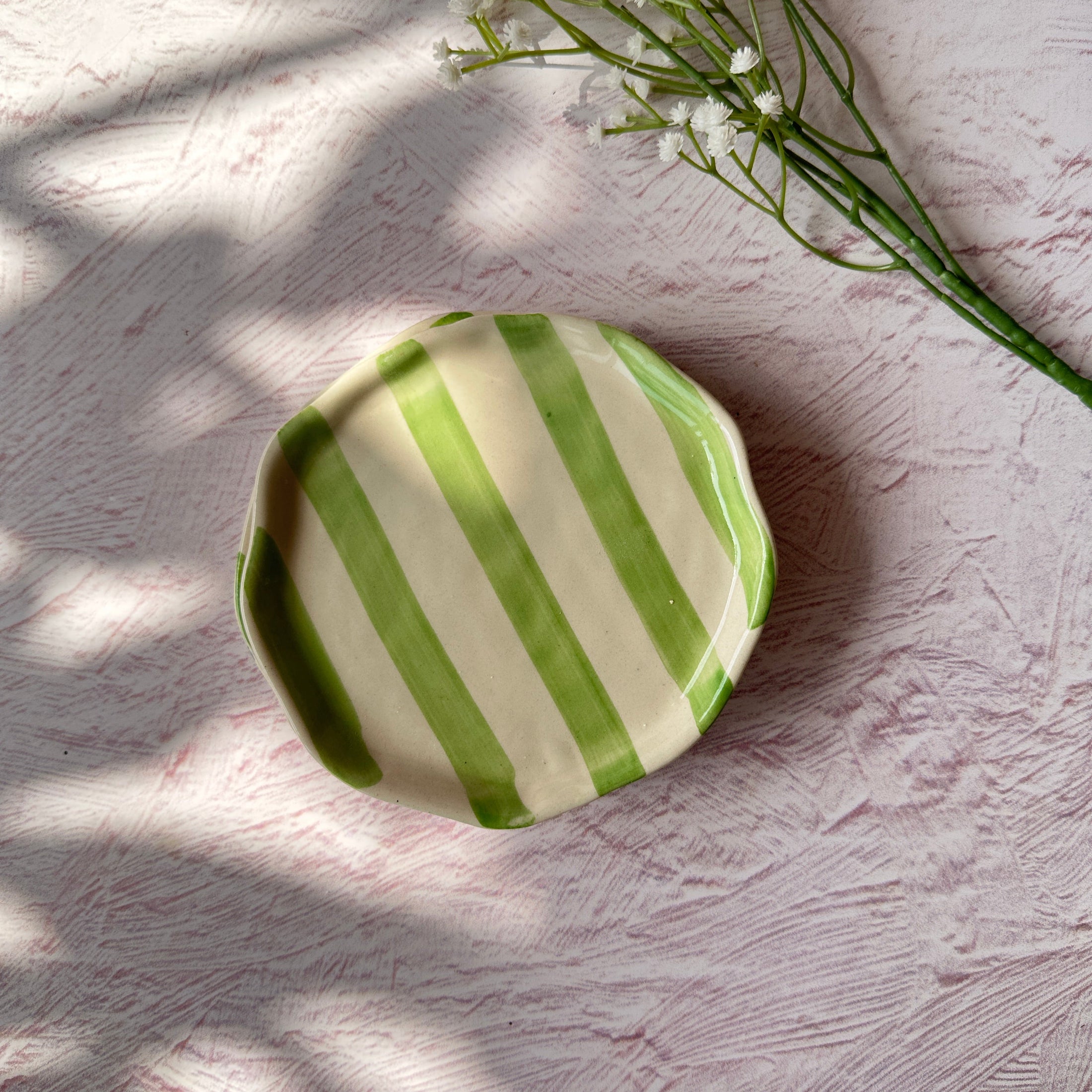 Ceramic Green stripe plate, 6.3x6.3 Inches (Set of 6)