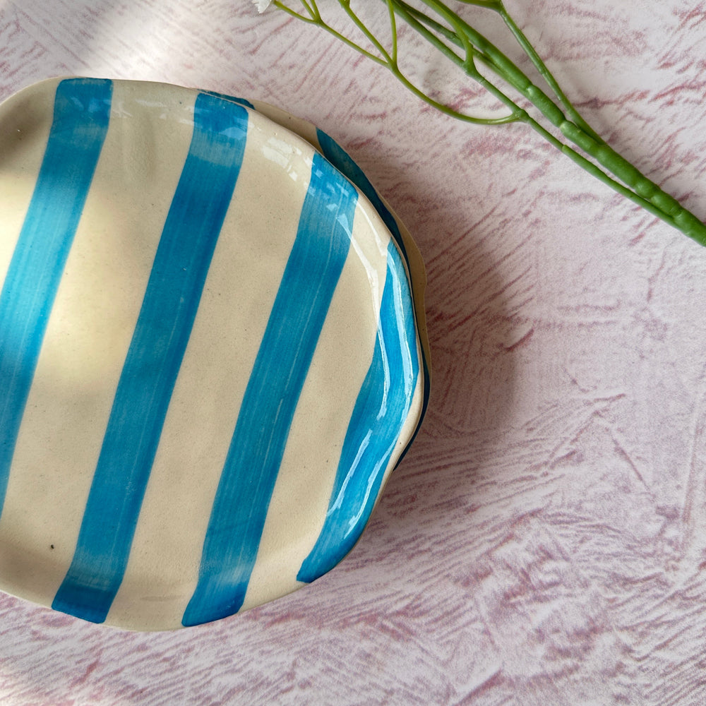 Ceramic Aqua stripe plate, 6.3x6.3 Inches (Set of 4)