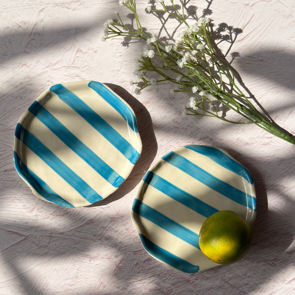 Ceramic Aqua stripe plate, 6.3x6.3 Inches (Set of 4)